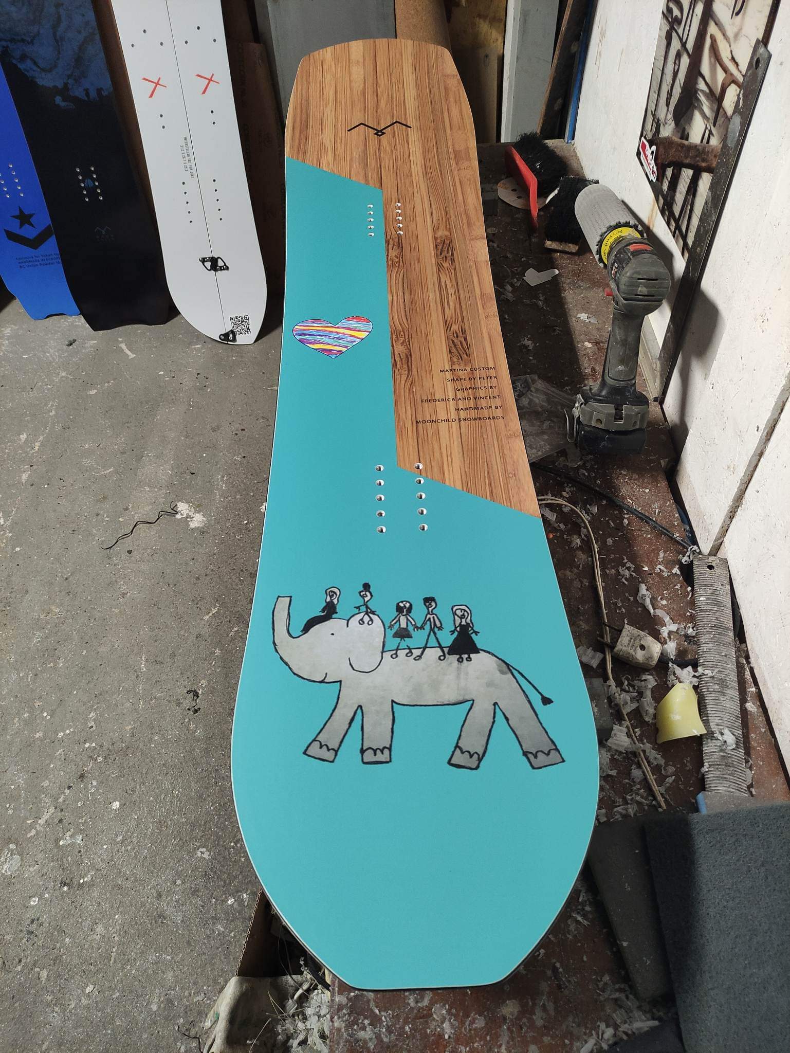 Powder Machine for the wife, graphics by their kids. – Moonchild Snowboards